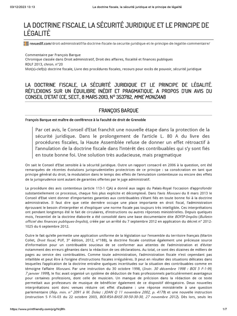 La Doctrine Fiscale, La Sécurité Juridique Et Le Principe de Légalité | PDF