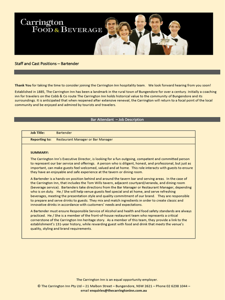 Job Description Bartender | PDF