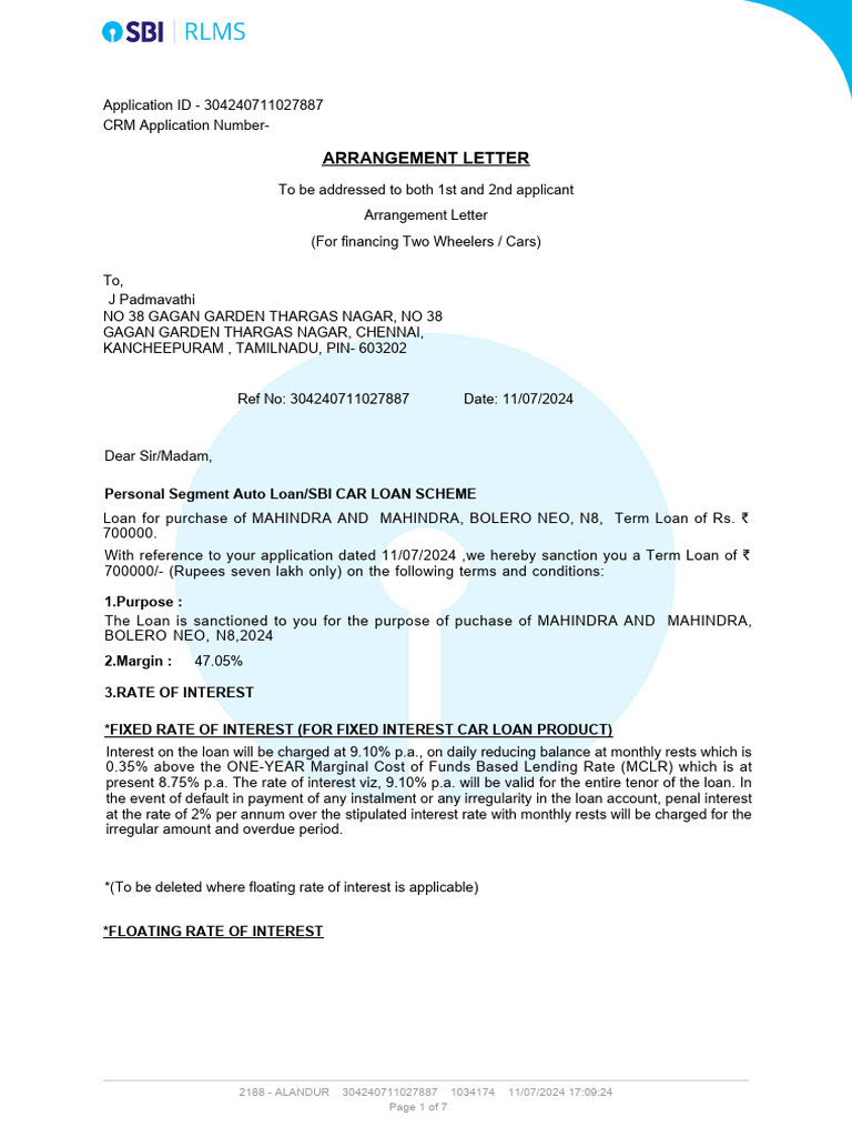 Arrangement Letter: Personal Segment Auto Loan/SBI CAR LOAN SCHEME | PDF