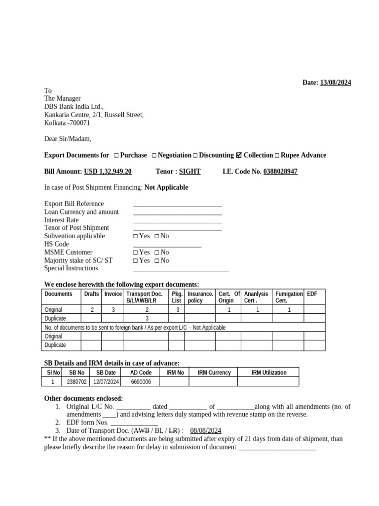 Request Letter For LC and Colleciton Export Bill Processing | PDF