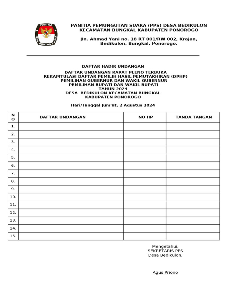 Daftar Hadir Pleno DPHP | PDF