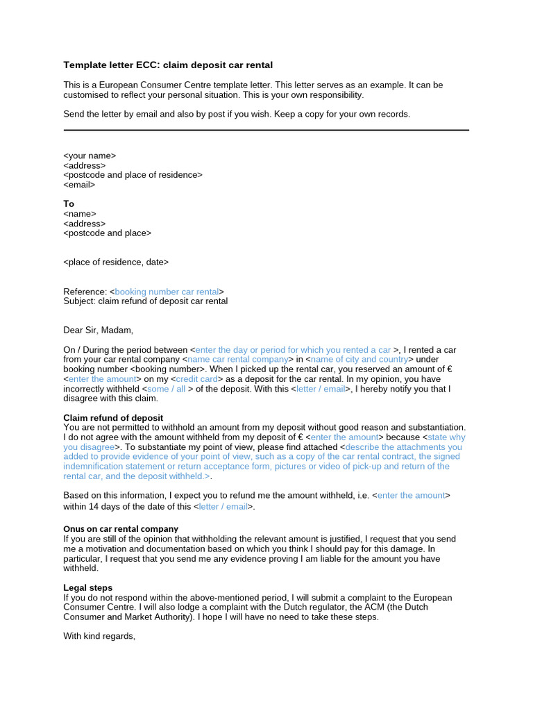 Template Letter ECC - Claim Deposit Car Rental | PDF