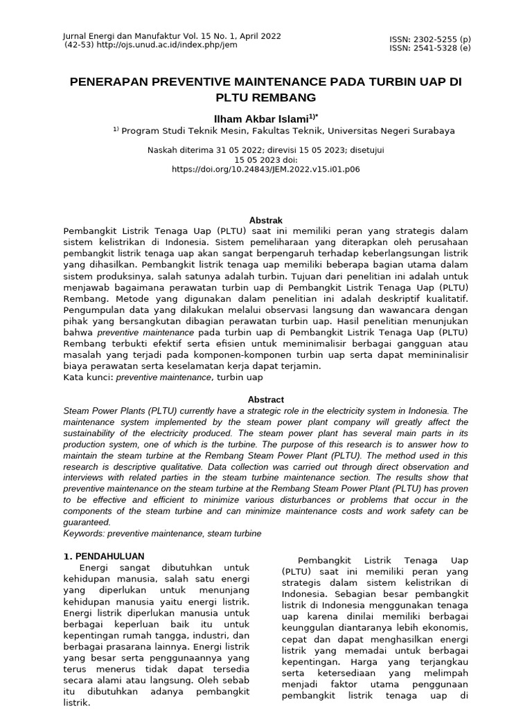 Penerapan Preventive Maintenance Pada Turbin Uap Di Pltu Rembang | PDF