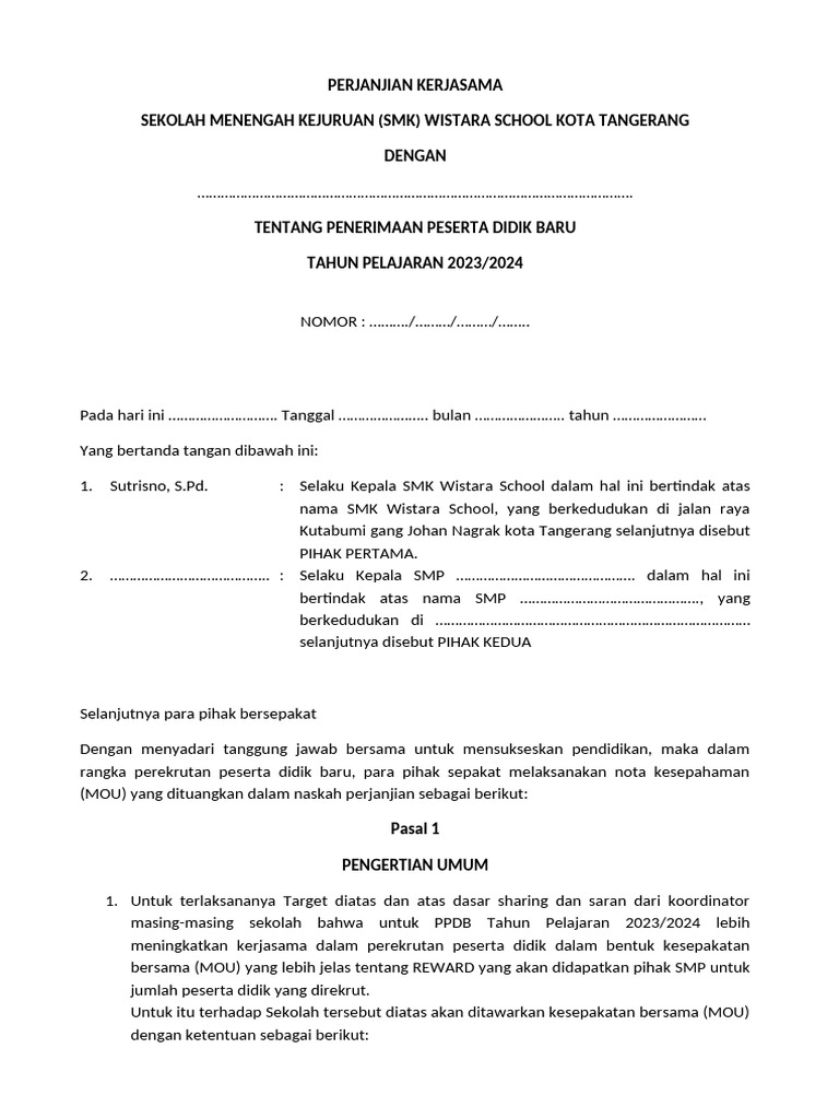 Surat Kerjasama (MOU) PPDB | PDF