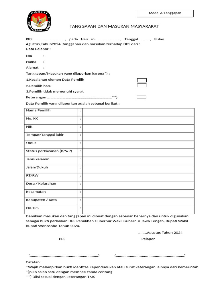 Form TANGGAPAN MASYARAKAT PPS,PPK, KPU | PDF