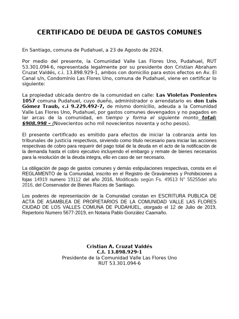 CERTIFICADO DE DEUDA DE GASTOS COMUNES- LUIS GOMEZ | PDF