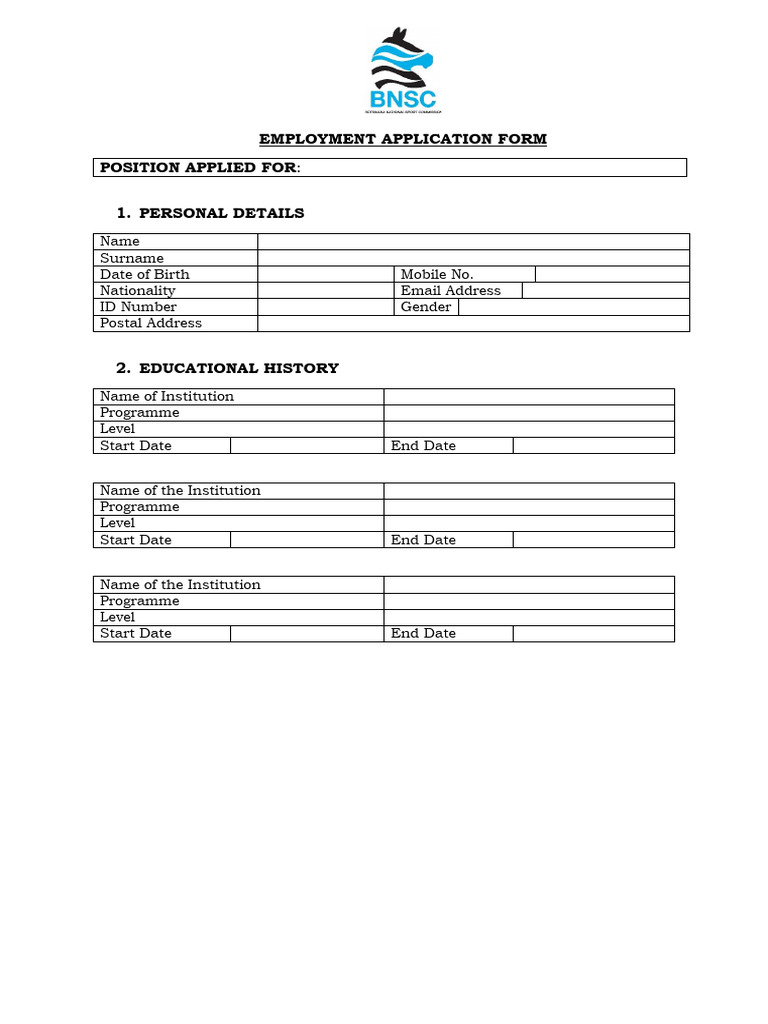 Botswana National Sport Commission Employment Application Form | PDF