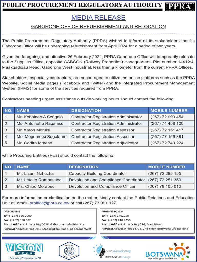 PPRA Meadia Release - PPRA Gaborone Office Refurbishment and Relocation ...