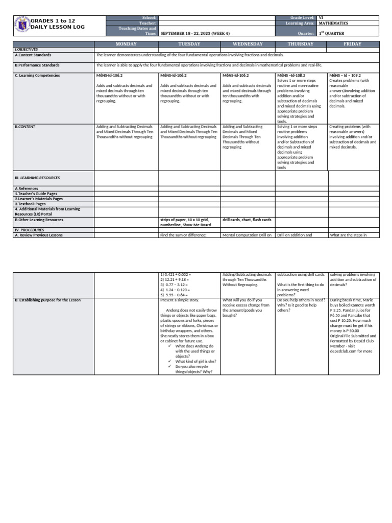 Math 6 - DLL - Week 4 | PDF