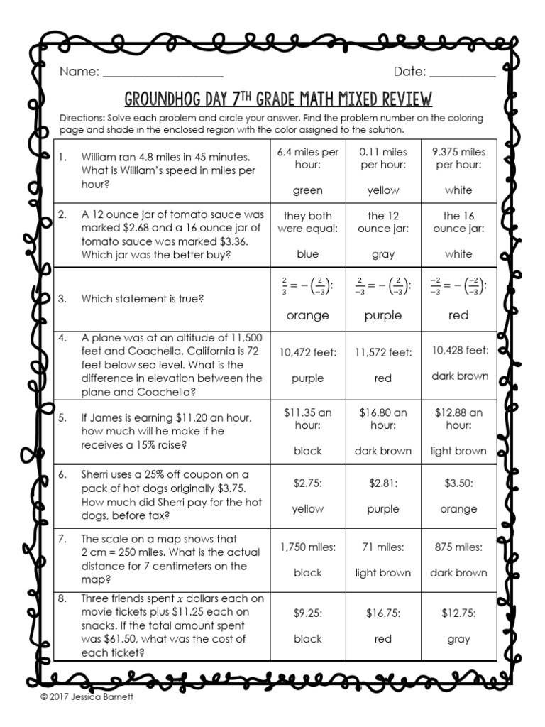 Ground Hog Day 7th Grade Mixed Review Coloring Activity | PDF