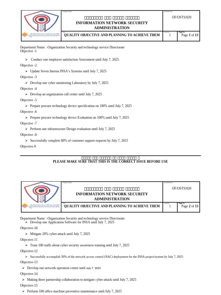 Of OSTS 020 Quality Objectives and Planning | PDF