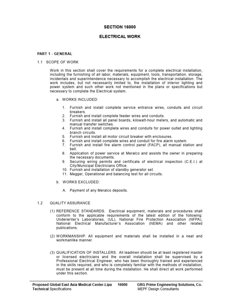 Section 16000 Electrical Work | PDF