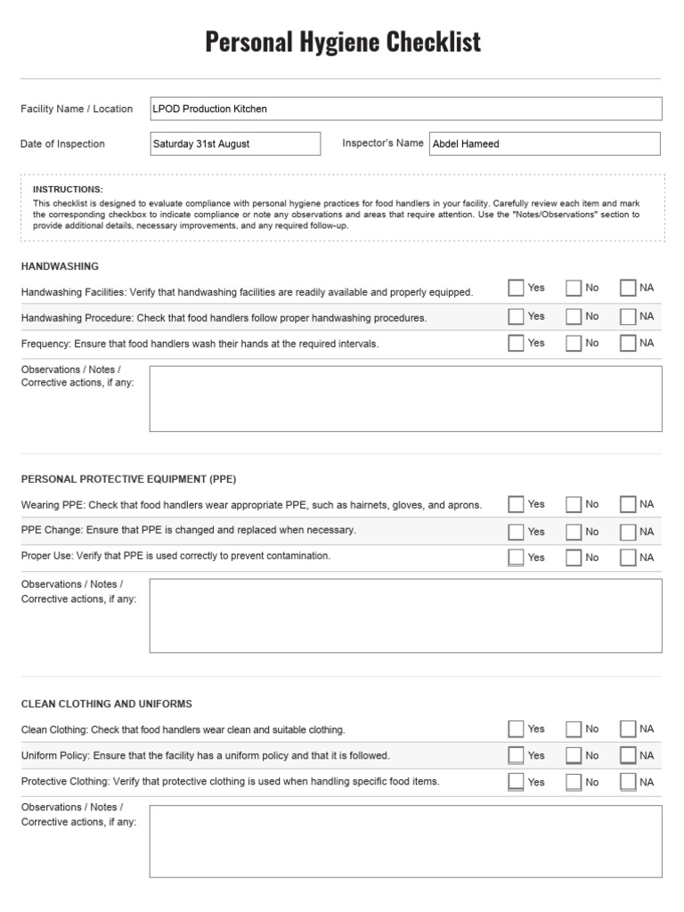Personal-Hygiene-Checklist Al Areen Modified | PDF | Hand Washing ...