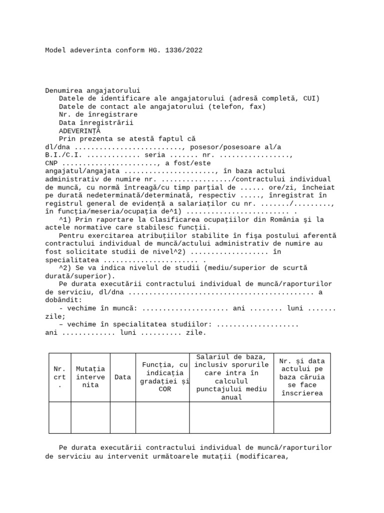 Model Adeverinta Conform HG 1336 | PDF