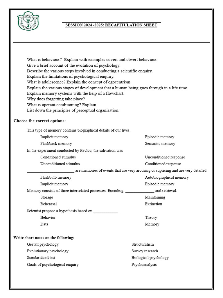 Psychology Recap Sheet | PDF