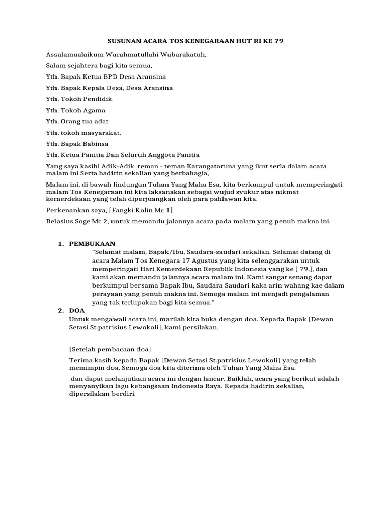 Susunan Acara Tos Kenegaraan Hut Ri Ke 79 | PDF