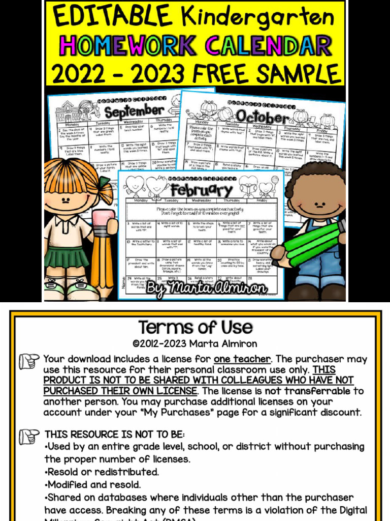 FREESAMPLEEDITABLEKindergartenHomeworkCalendar20222023 1 | PDF