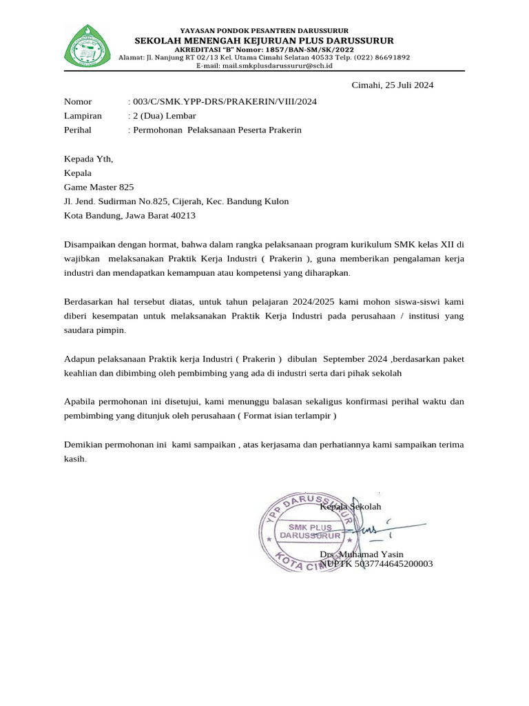 Template Surat Permohonan PRAKERIN Game Master | PDF
