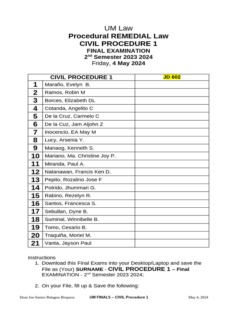 FINAL CIVIL-PROCEDURE-1-Exams-Questions | PDF
