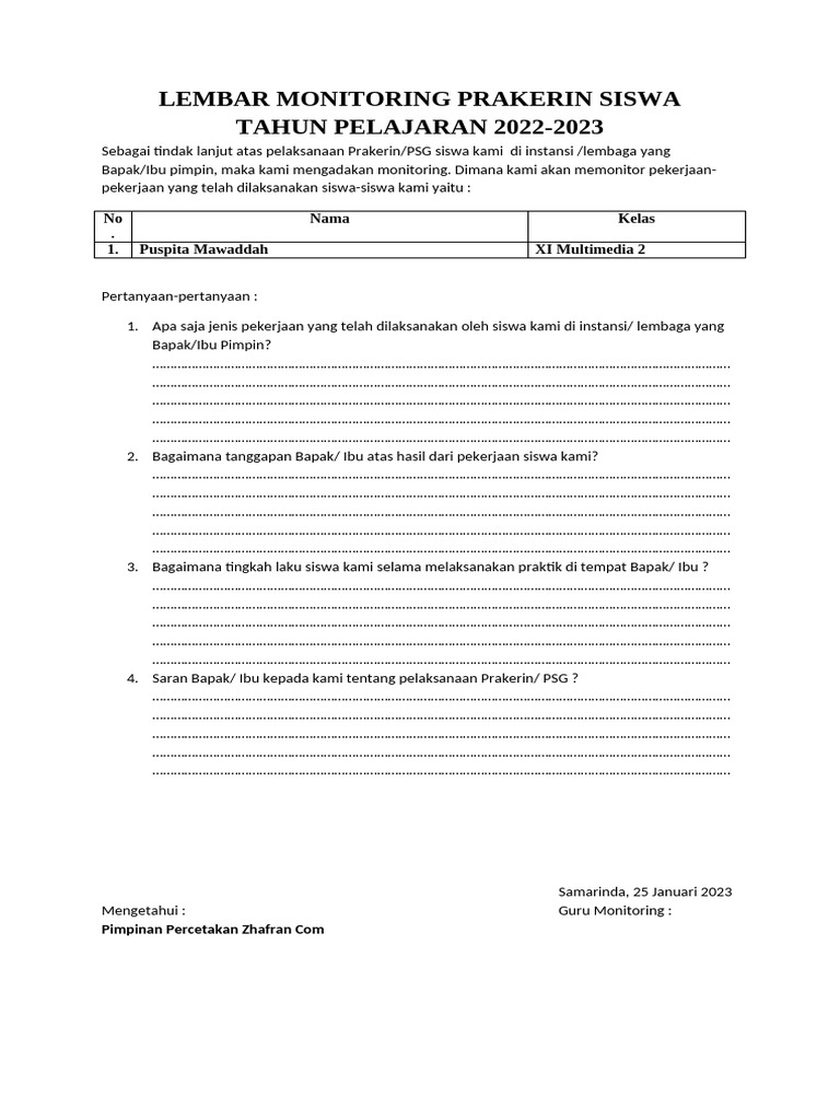 Lembar Monitoring Prakerin Siswa | PDF