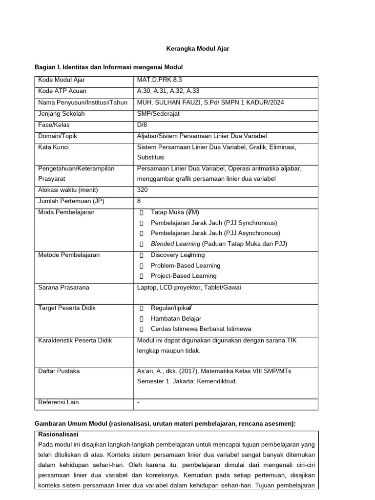 Modul Ajar SPLDV Sem 1 | PDF