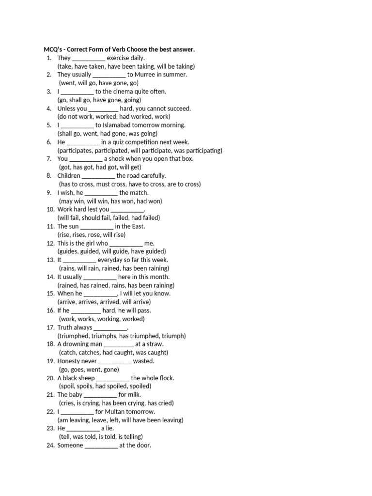 MCQ's - Correct Form of Verb Choose The Best Answer | PDF