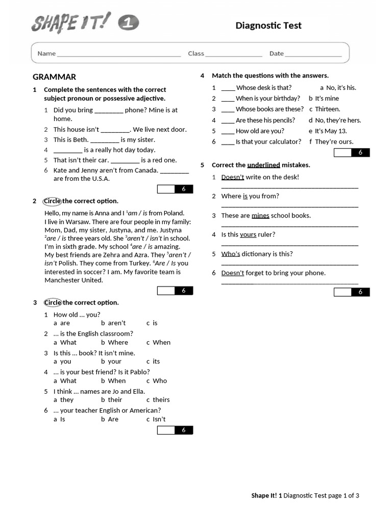Diagnostic Test. Shape It A1-A2 | PDF | Grammar | Linguistic Morphology
