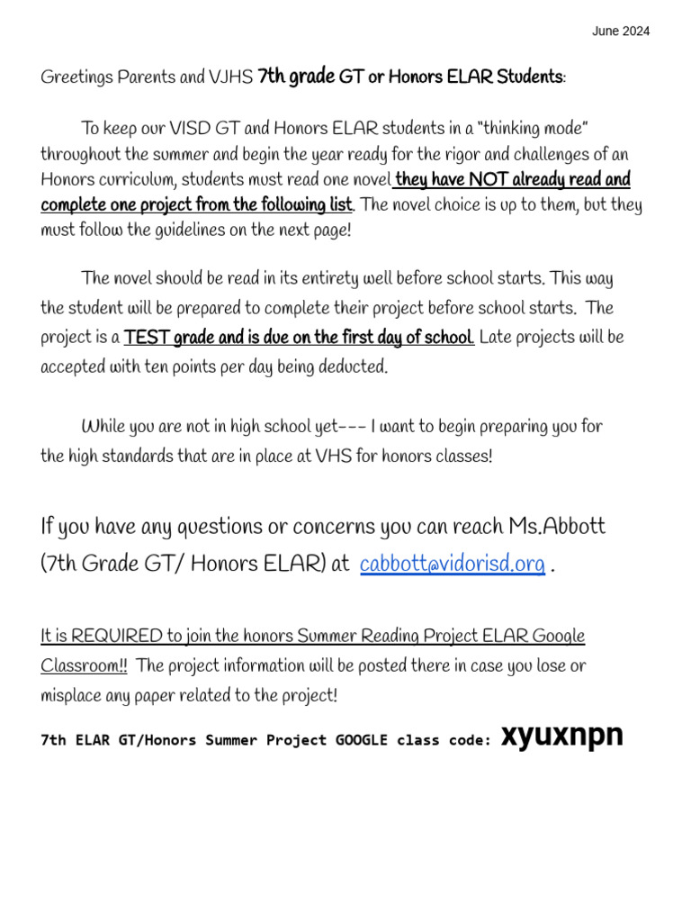 7th Grade 24-25 Honors ELAR Summer Project-1 | PDF