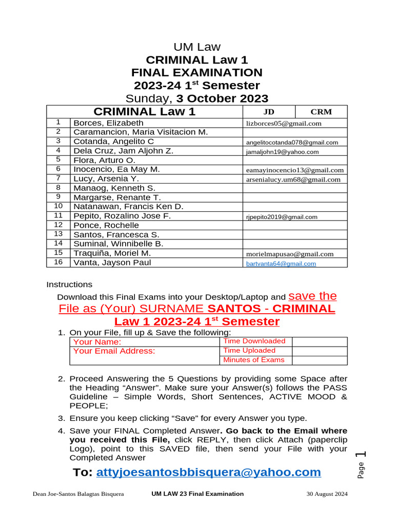 1st Year 2023 Criminal Law 1 FINAL Exams | PDF