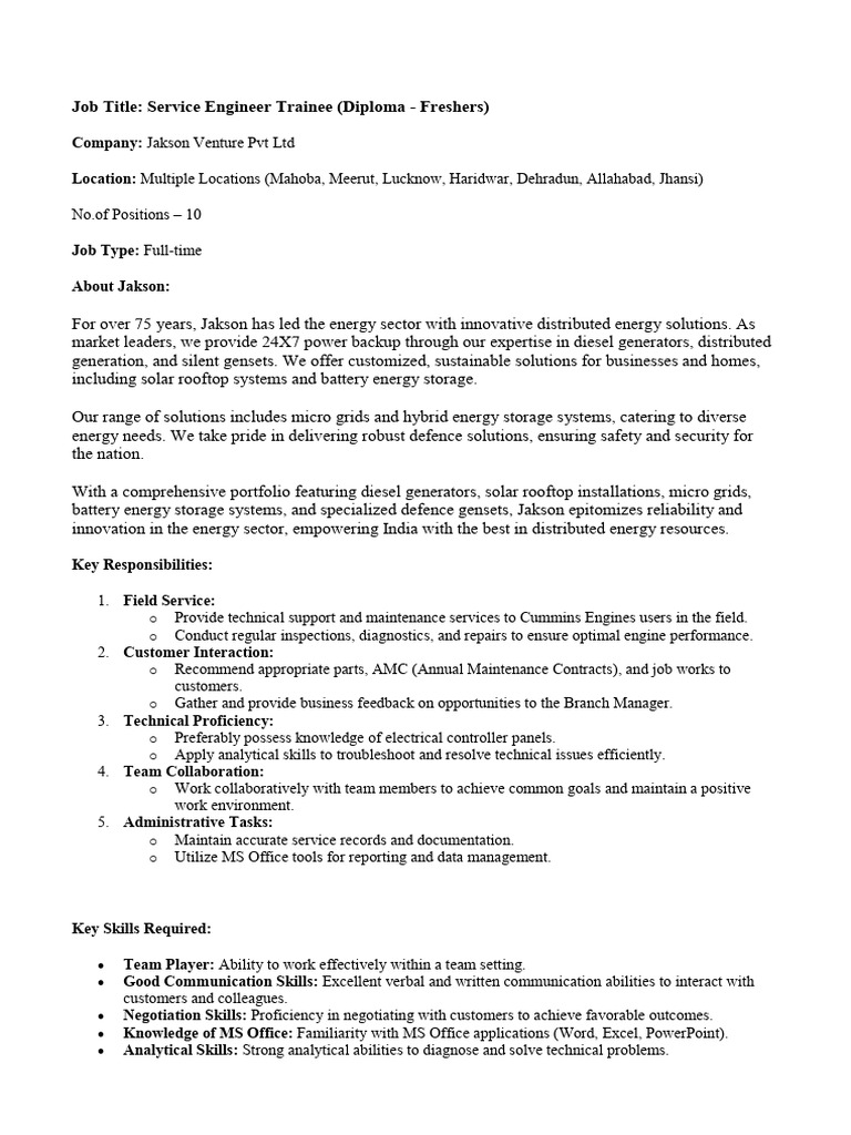 Job Description - Service Engineer DET | PDF | Distributed Generation ...