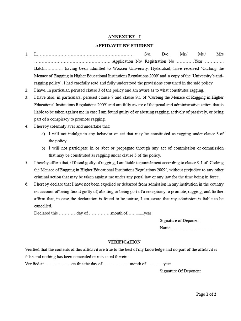 Anti Ragging Affidavit - Parent and Student | PDF | Affidavit | Justice