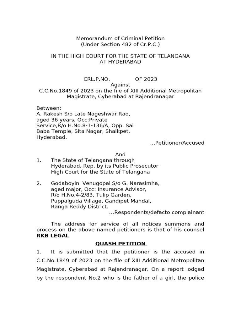 Memorandum of Criminal Petition Rakesh | PDF | Complaint | Stalking