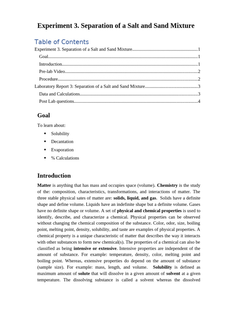 Experiment 3. Separation of A Salt and Sand Mixture 1 | PDF