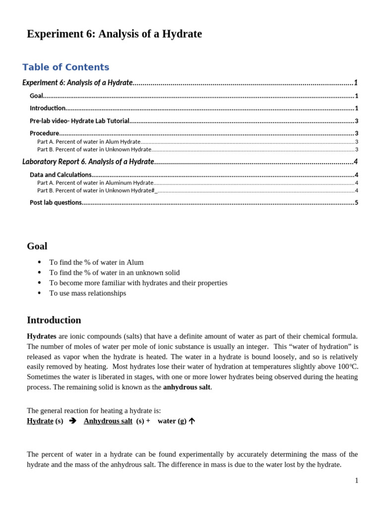 Analyzing Hydrates: Experiment 6 Guide | PDF | Sulfate | Chemical Compounds