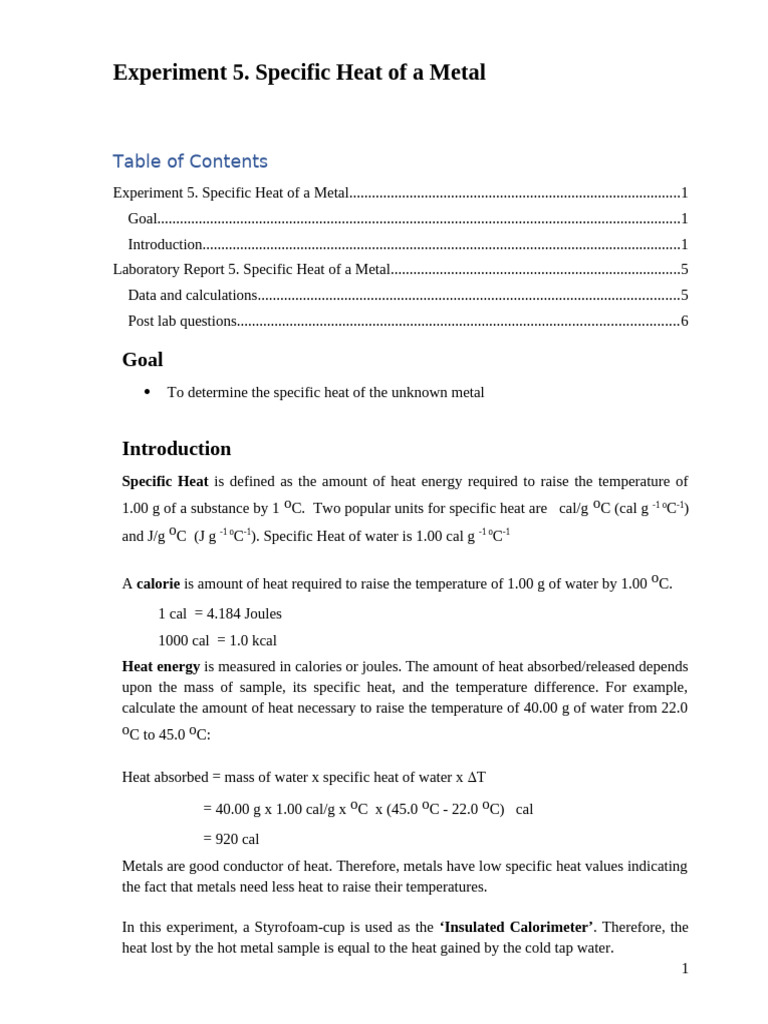 Experiment-5.Specific-Heat-of-a-Metal - 2 | PDF | Heat Capacity | Heat
