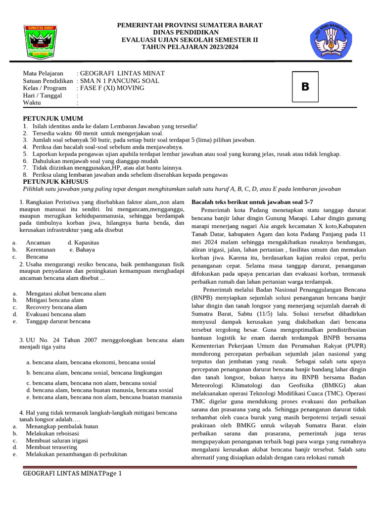 Soal KELAS XI Geografi UAS SEM II 2024 PAKET B | PDF