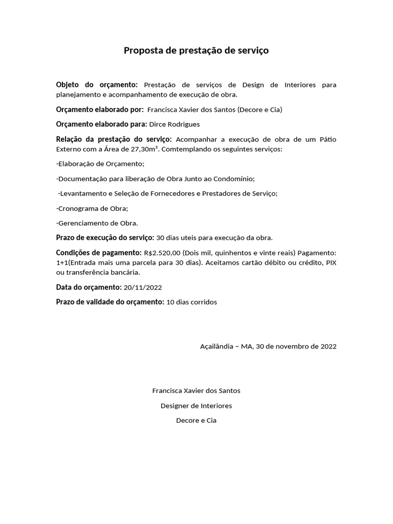 Modelo de Proposta Prestação de Serviço - Curso Tecnico Design de ...