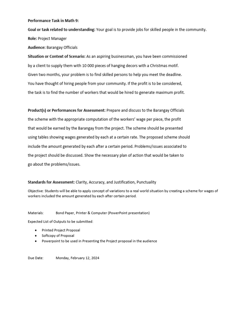 Project Proposal Performance Task in Math 9 | PDF