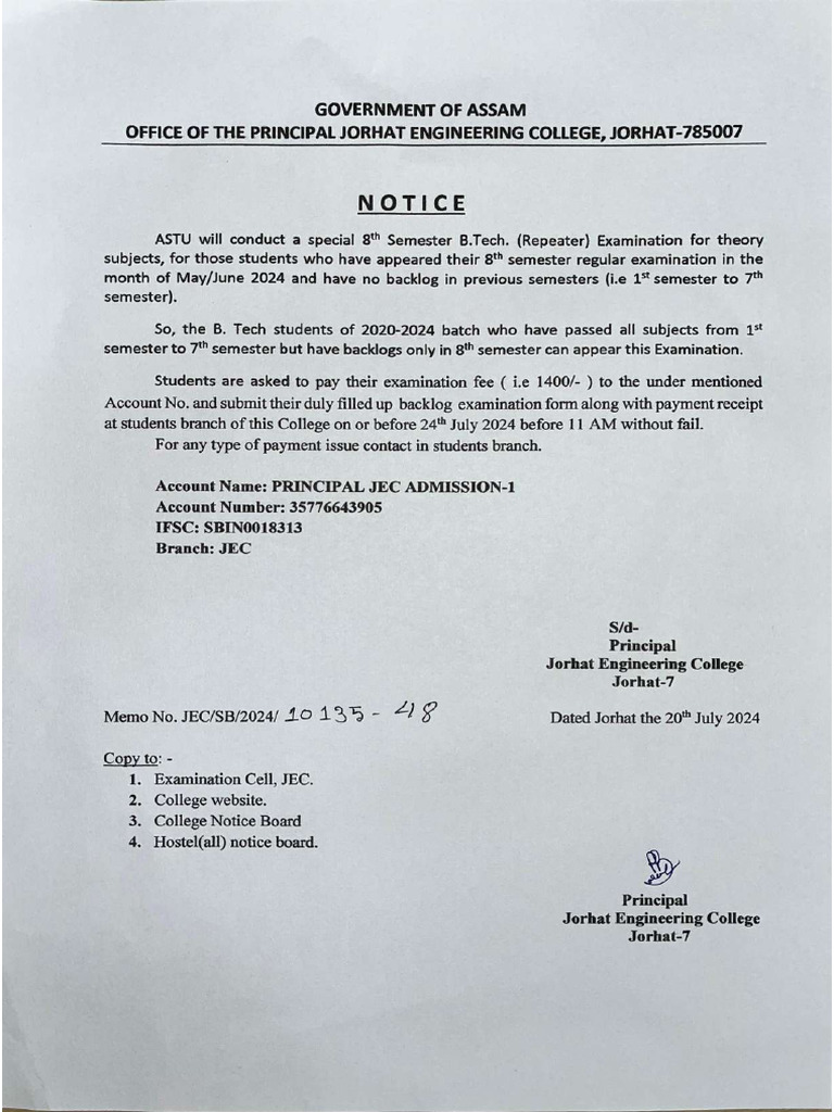Notice Special 8th Semester Repeater BTech Exam | PDF