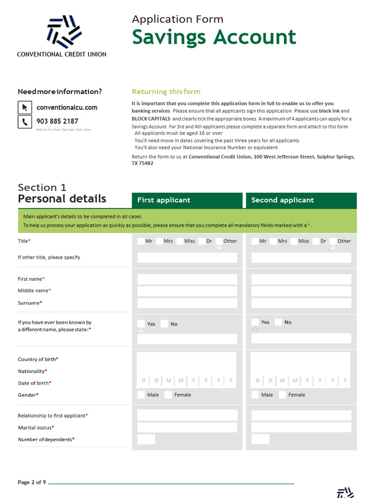 Conventional Credit Union Account Application Form | PDF