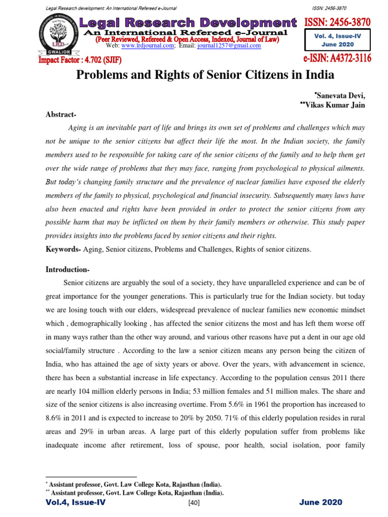 Problems and Rights of Senior Citizens I | PDF | Old Age
