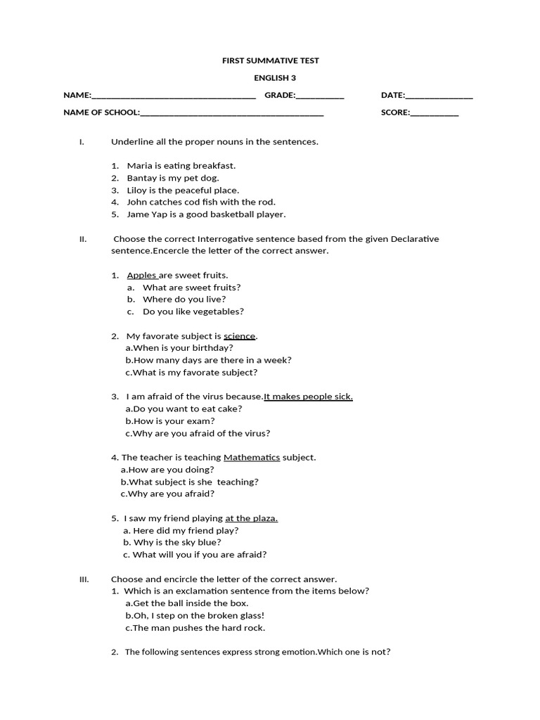 First Summative Test in English 3 | PDF