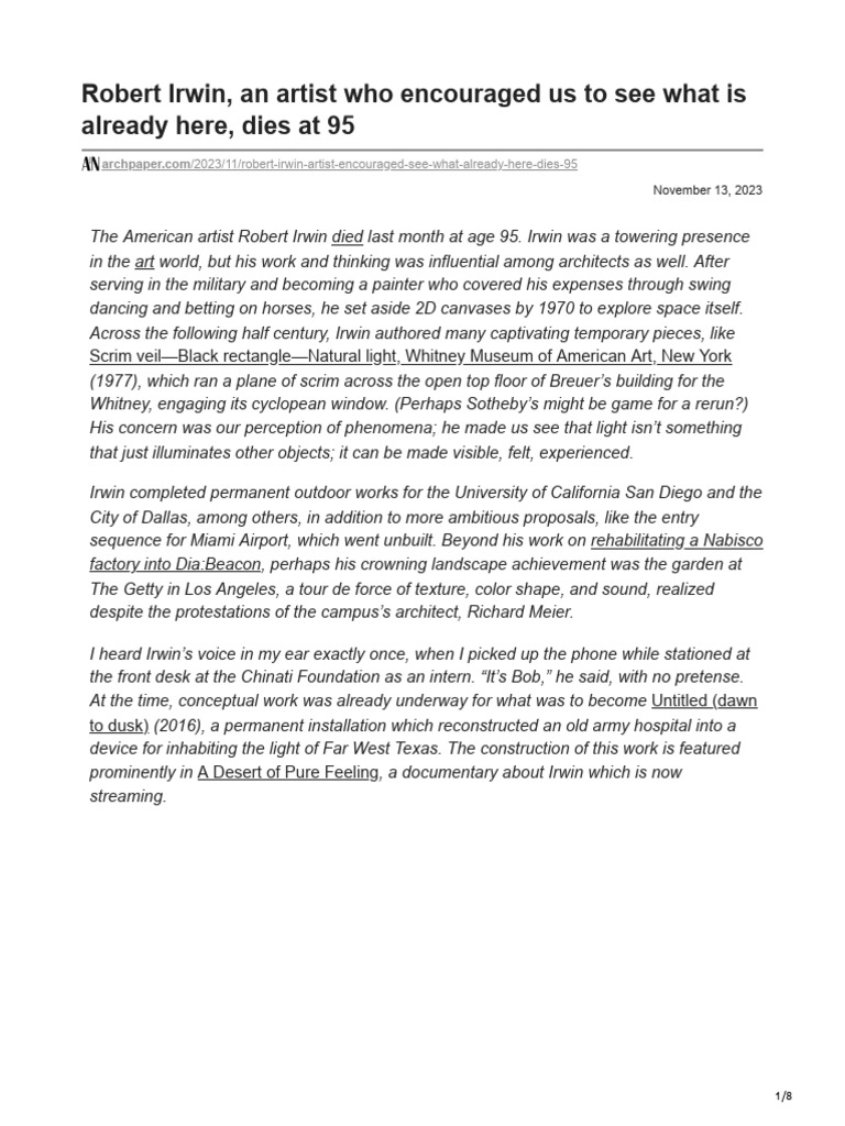 Robert Irwin An Artist Who Encouraged Us To See What Is Already Here ...