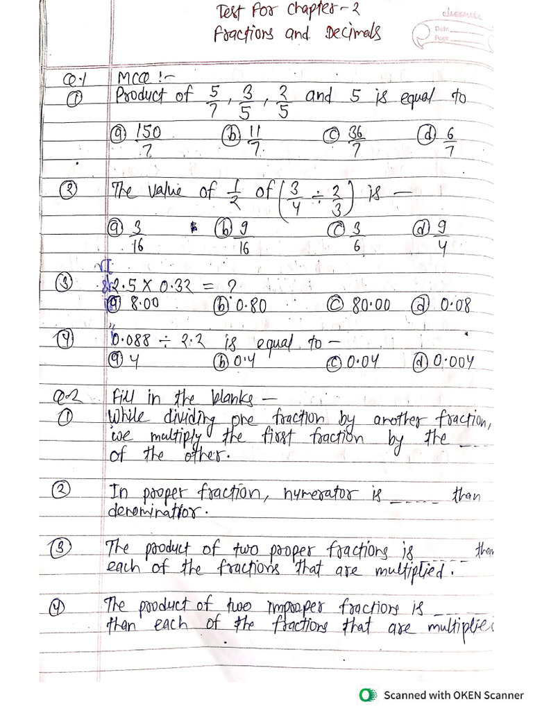 Test Paper - Fractions and Decimals | PDF