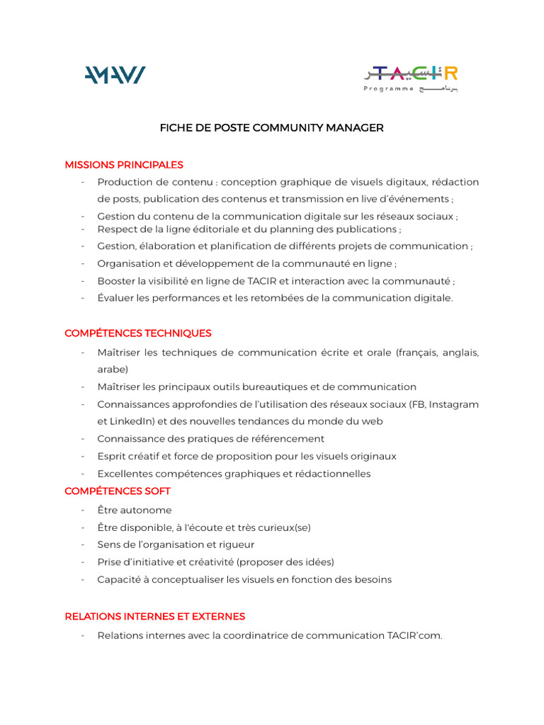 Fiche de Poste Community Manager Tacir | PDF