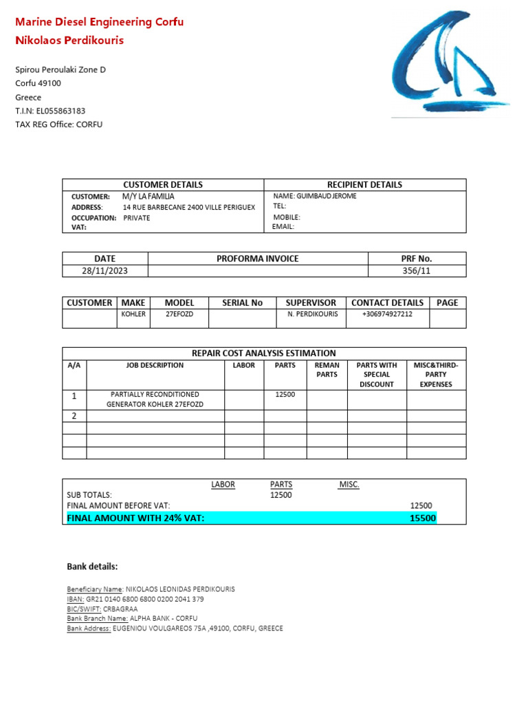My La Familia Kohler Generator Proforma Invoice Rv1 | PDF