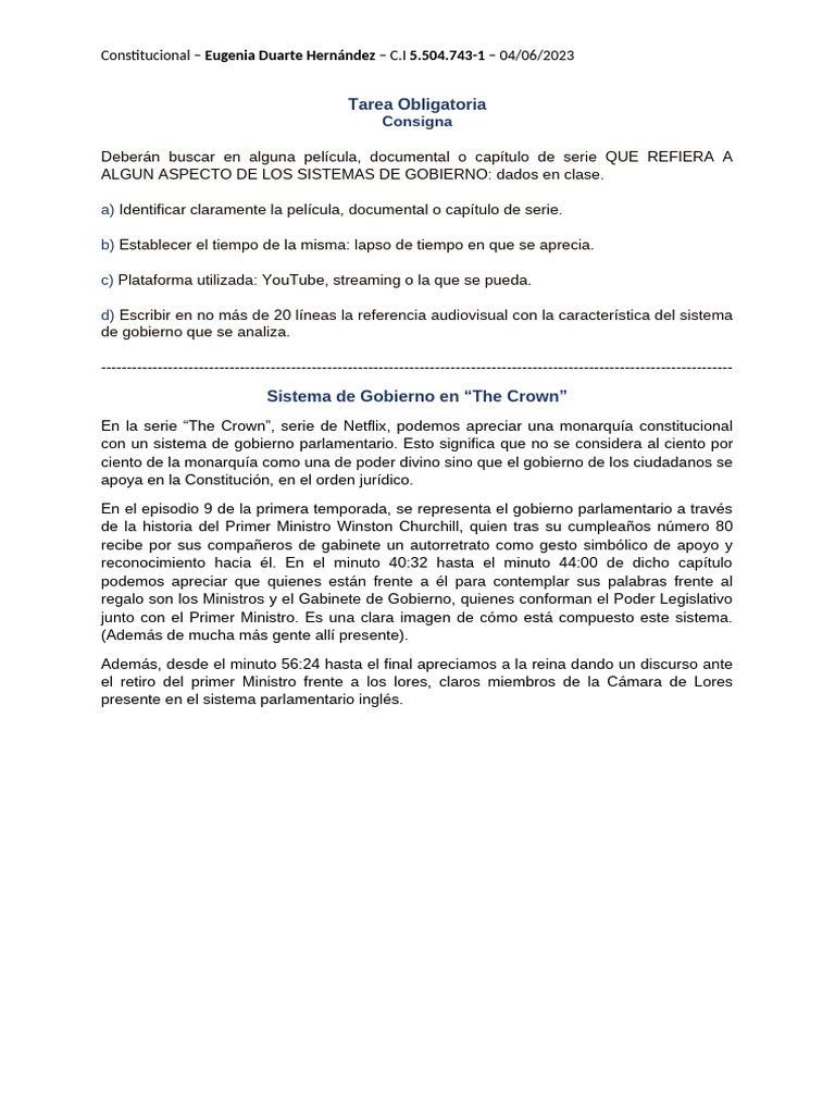 Tarea Sistemas de Gobierno - Constitucional | PDF