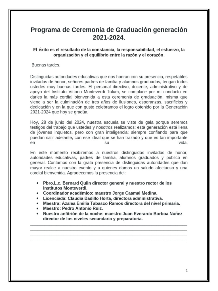 Programa de Ceremonia de Graduación Preparatoria. | PDF