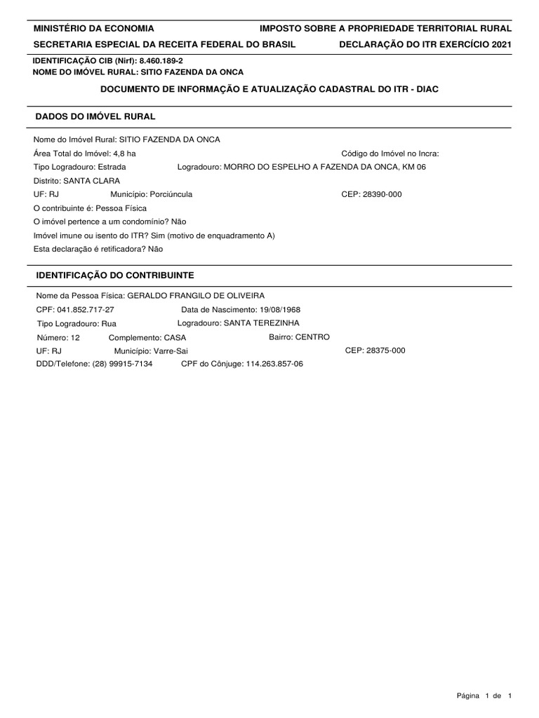ITR 2021 ORIGI Declaracao Geraldo 2021 | PDF
