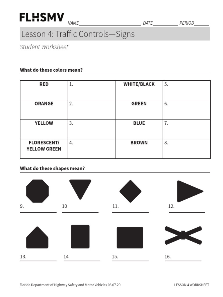 Traffic Control Signs Worksheet | PDF